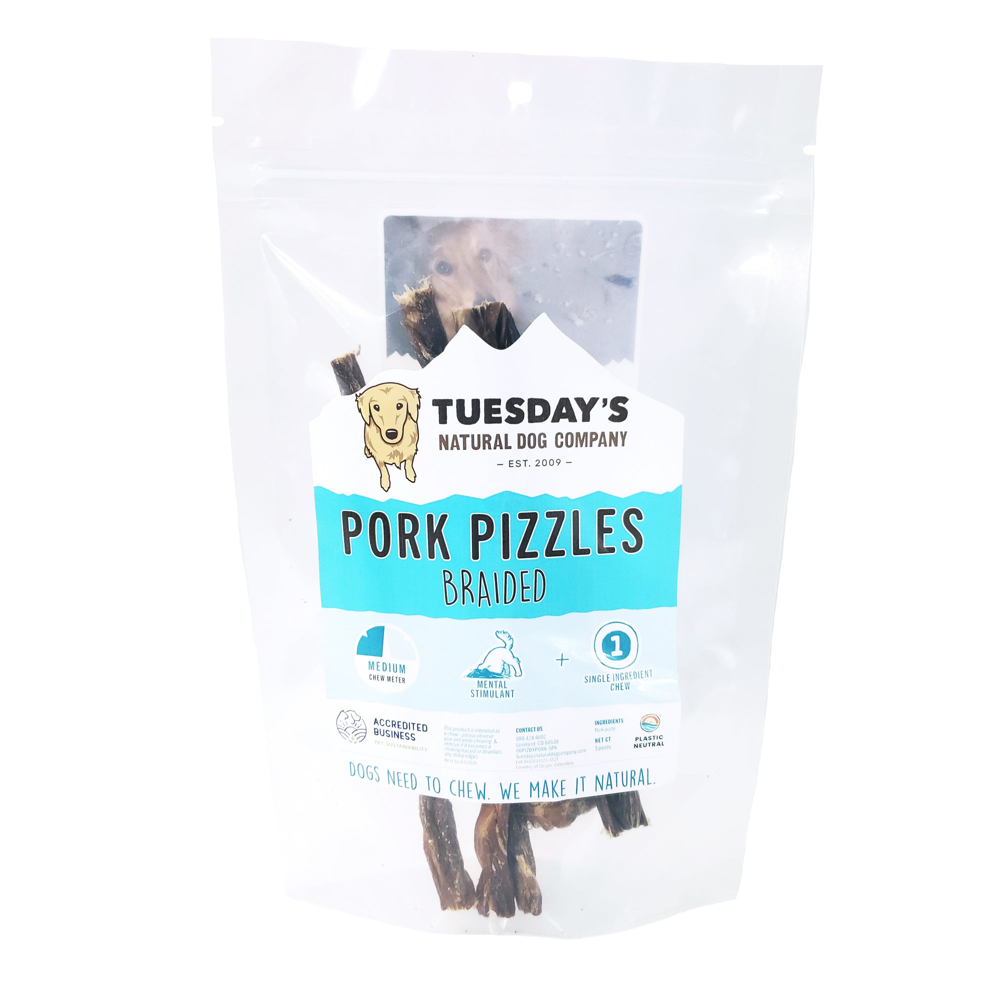 6" Braided Pork Pizzle - 5 Pack – Tuesday's Natural Dog Company