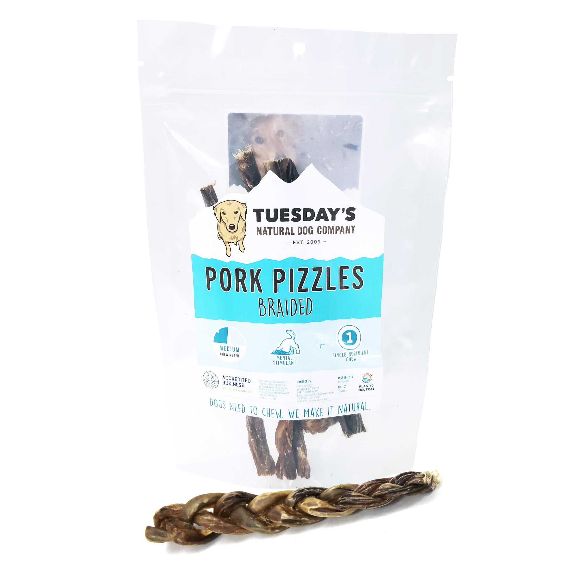 6" Braided Pork Pizzle - 5 Pack – Tuesday's Natural Dog Company